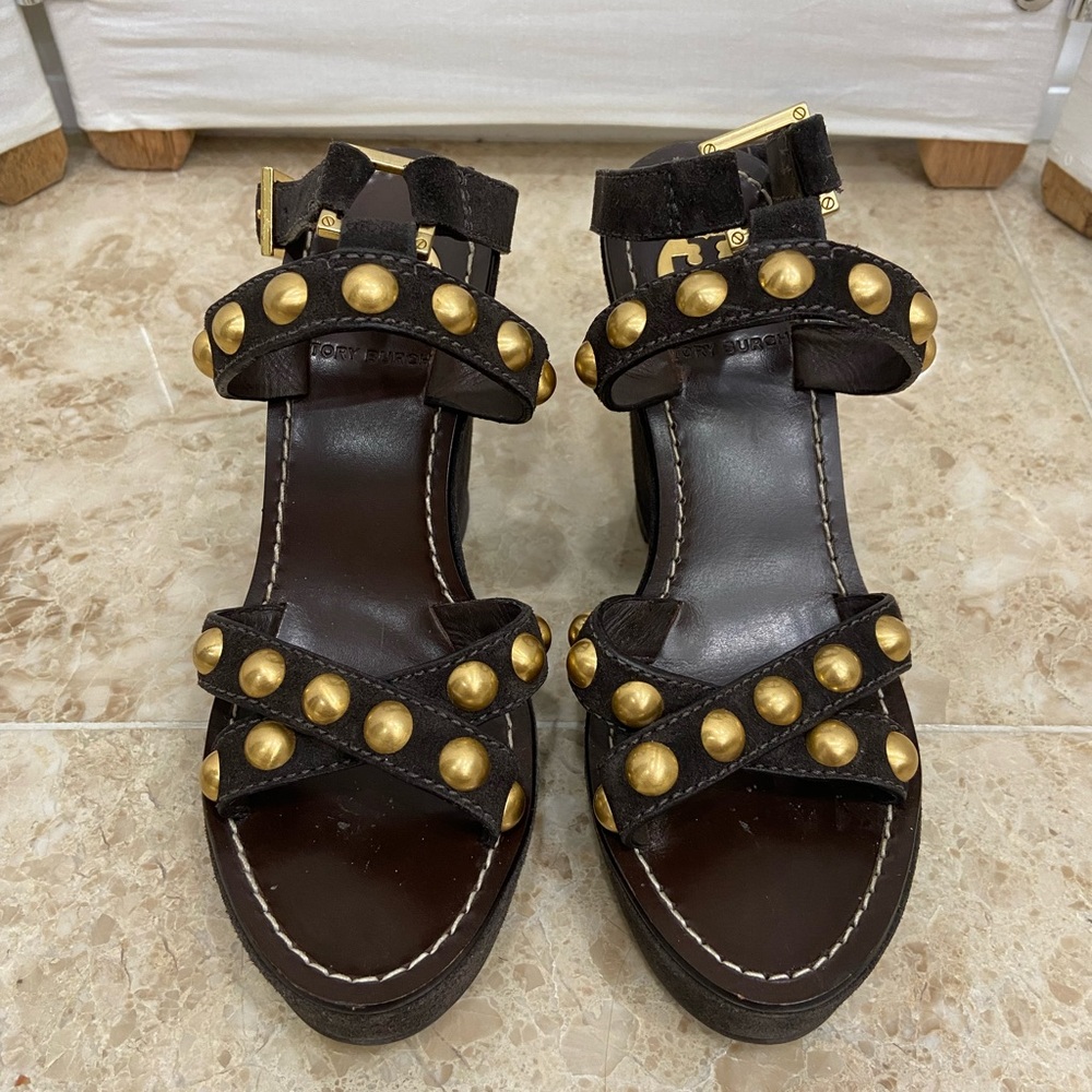 Tory Burch Suede Gold Studded Wedges With Straps. Bro… - Gem